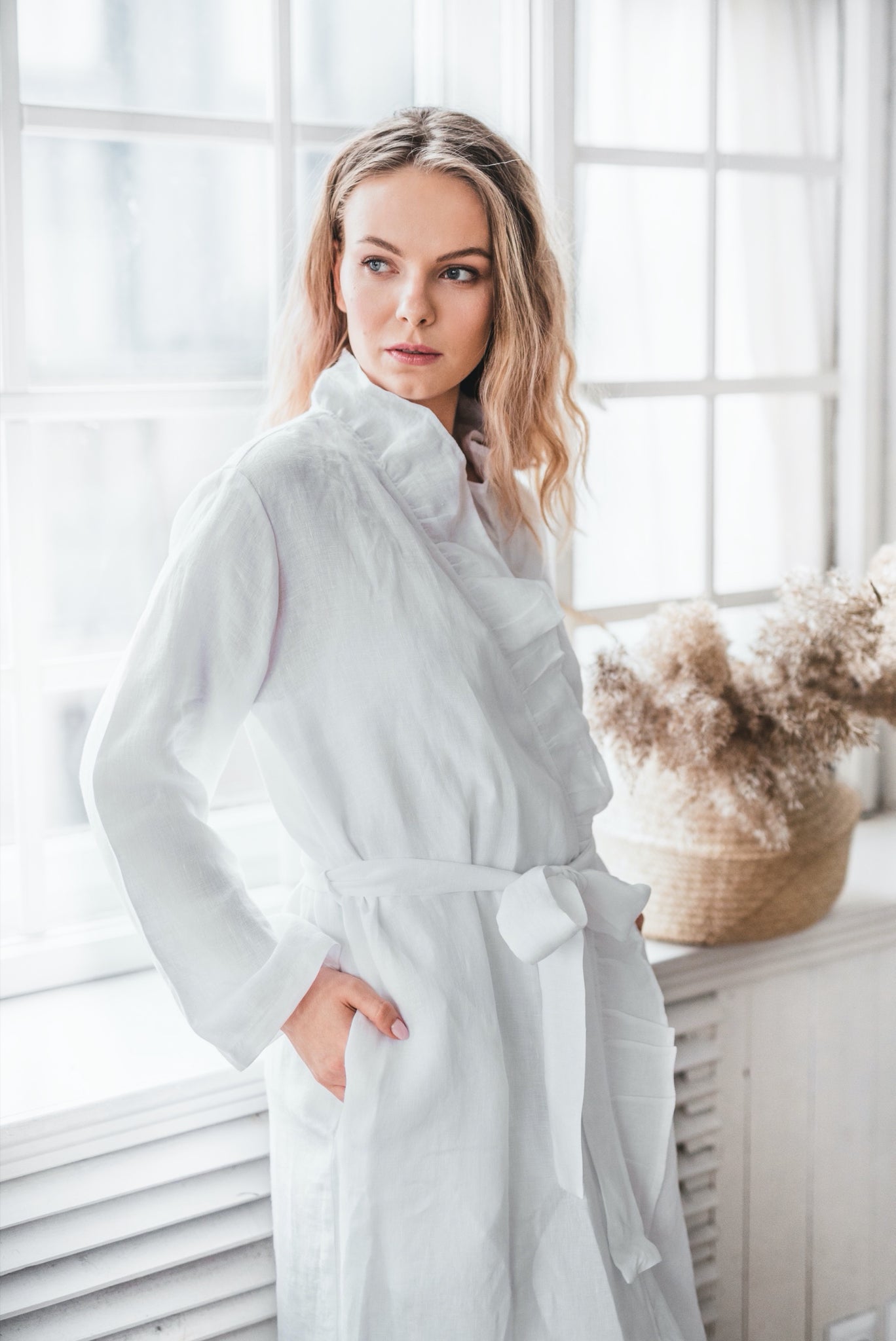 White Linen Ruffle Robe from 100% Linen | Back 2 Linen – Back2Linen